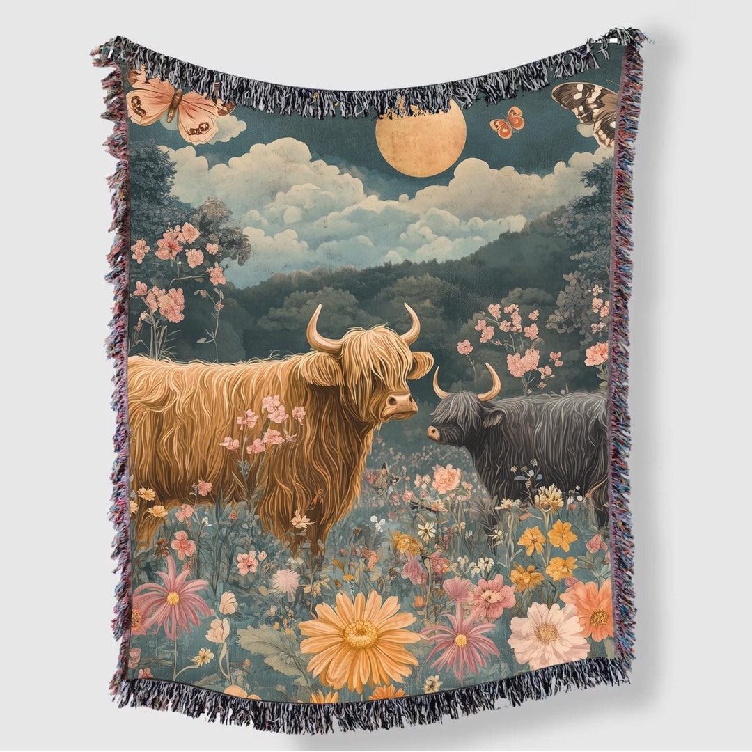 Highland Cow Blanket, Cottage Core Blanket, Floral Sofa Home Decor ...