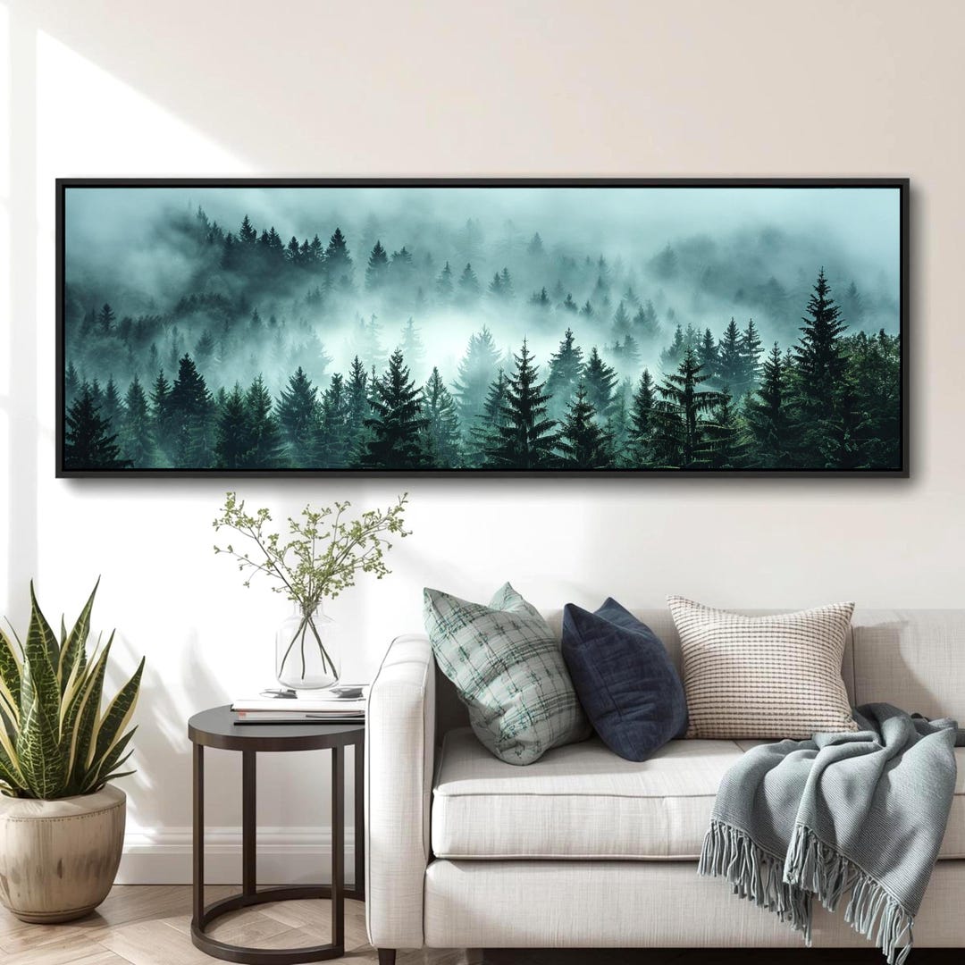Panoramic Wall Art Framed Canvas, Large Wall Art Misty Forest, Extra ...