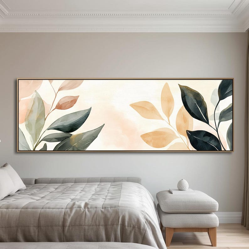 Neutral Botanical Panoramic Wall Art, Extra Wide Beige Leaf Print ...