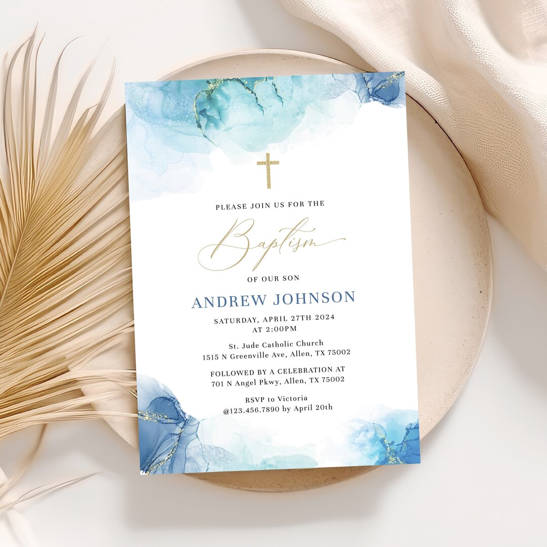 Boy Baptism Invitation Template: Blue Watercolor (digital Download) - Etsy