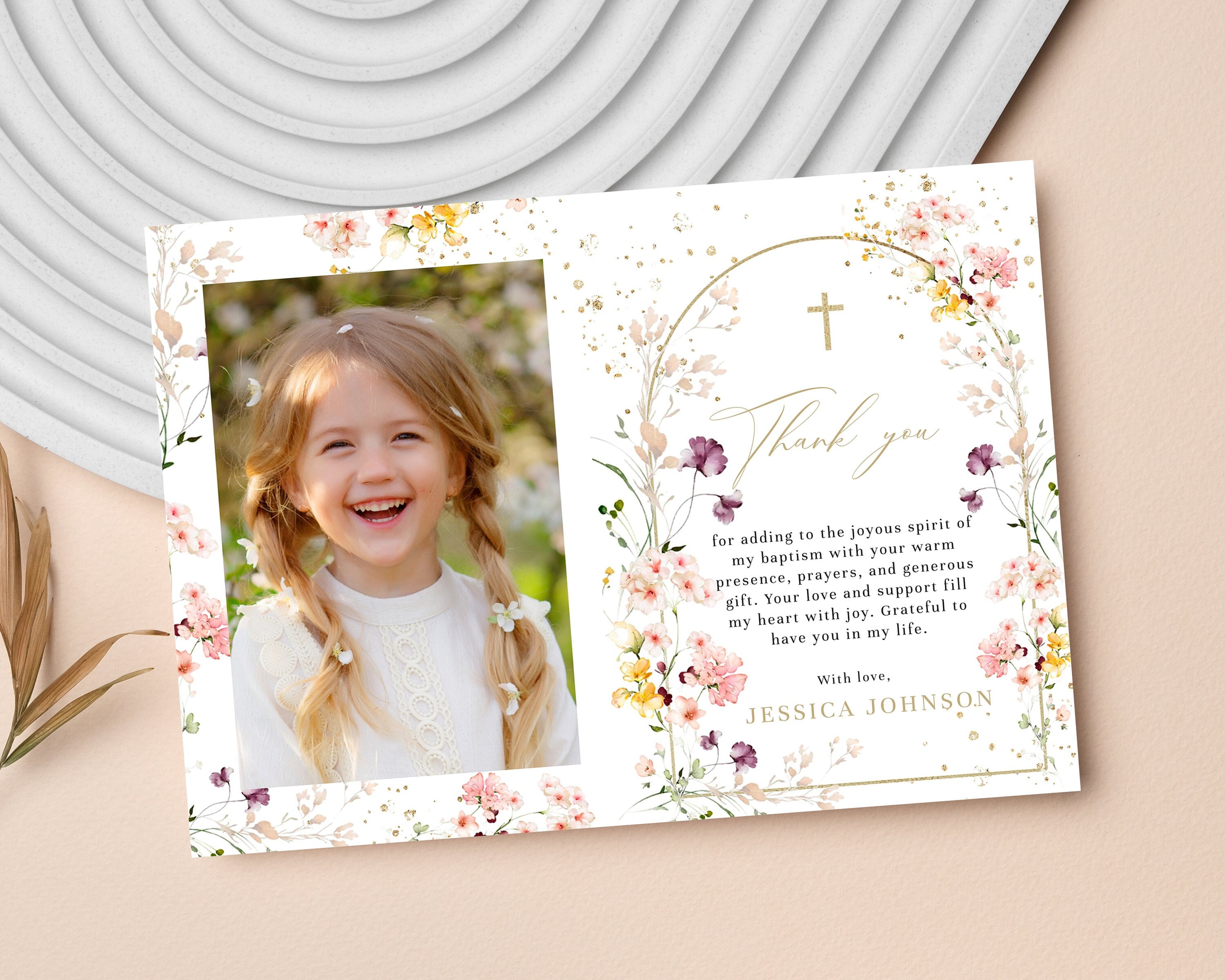 Baptism Thank You Card Template, Wildflower Thank You Card With Photo ...