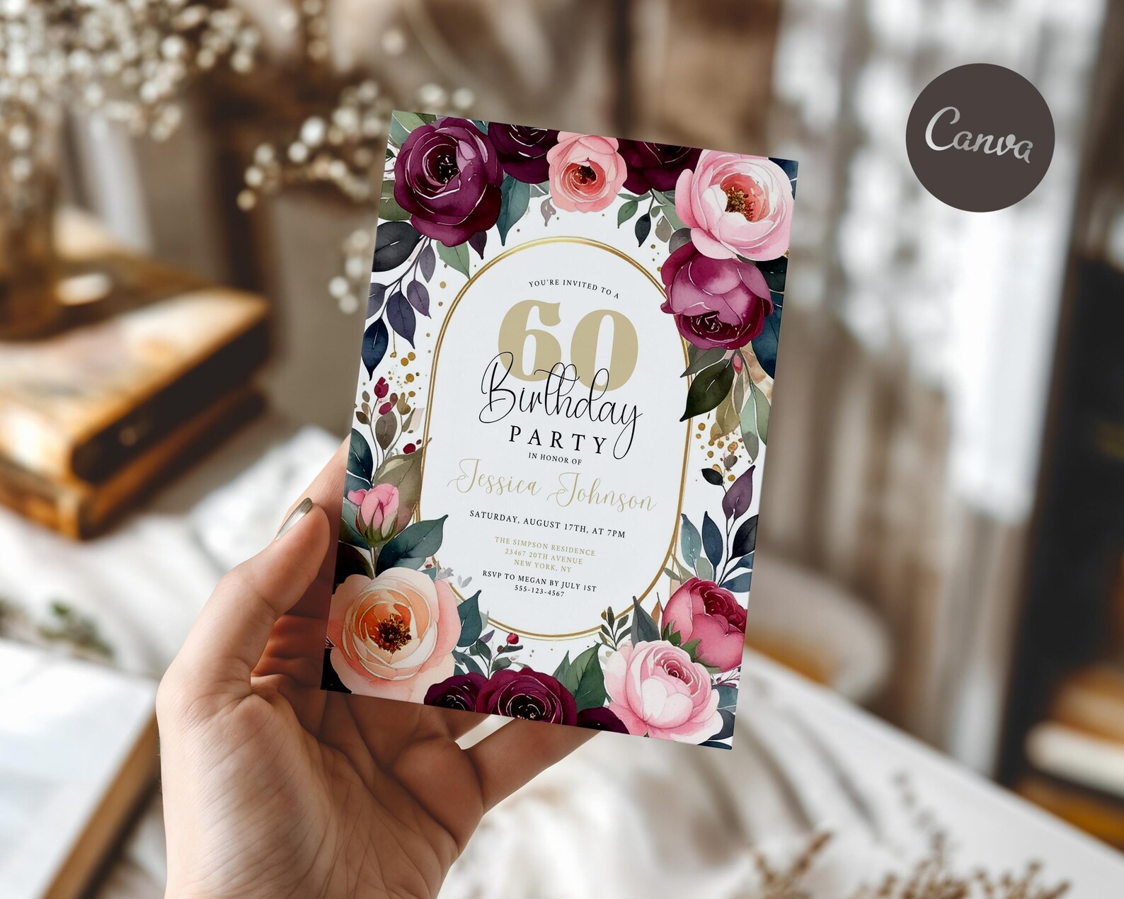 60th Birthday Invitation for Women, Elegant Rose Peony Floral Design ...