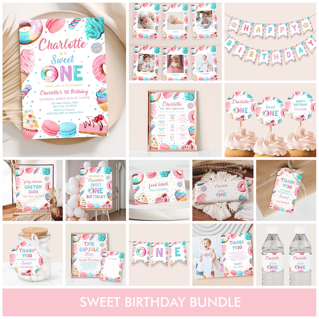Sweet One Birthday Bundle: Donut Theme, Girl 1st Birthday (digital ...