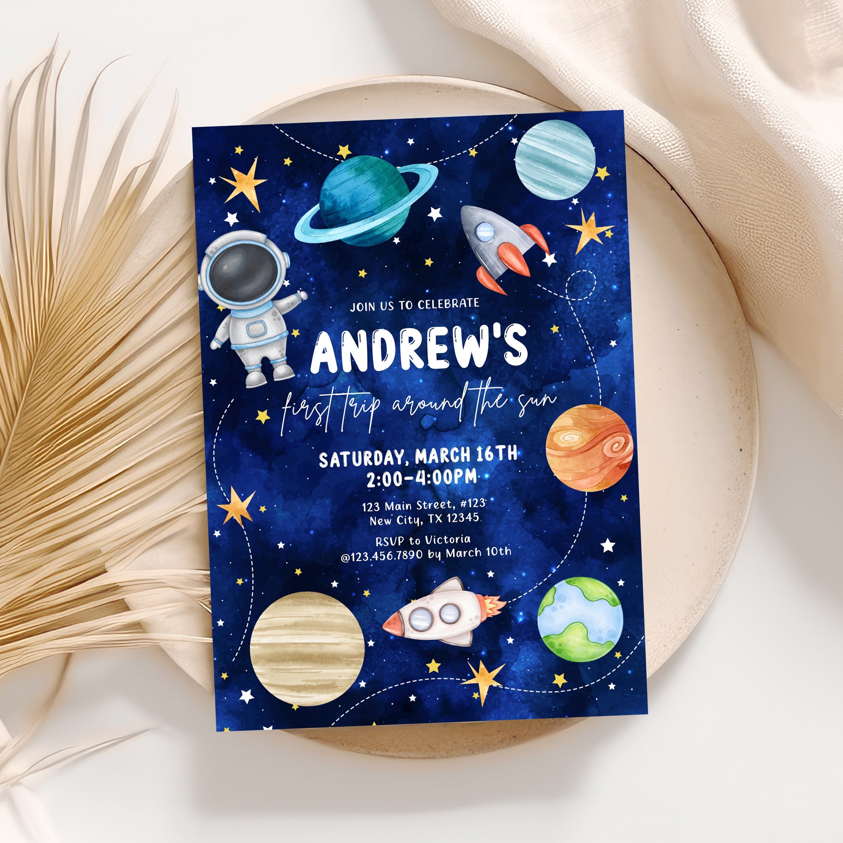 First Trip Around the Sun Birthday Invitation, Space Invitation, 1st Birthday Boy Invitation ...