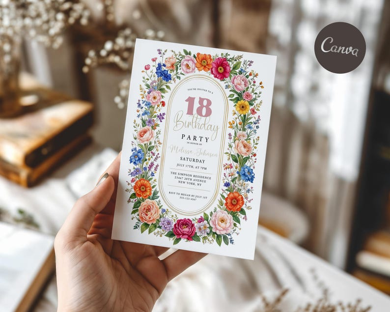 Floral 18th Birthday Invitation, Wildflower Template (digital) - Etsy