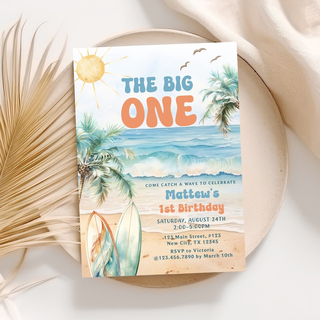 The Big One Invitation, Surfing 1st Birthday Invitation, Surfboard ...
