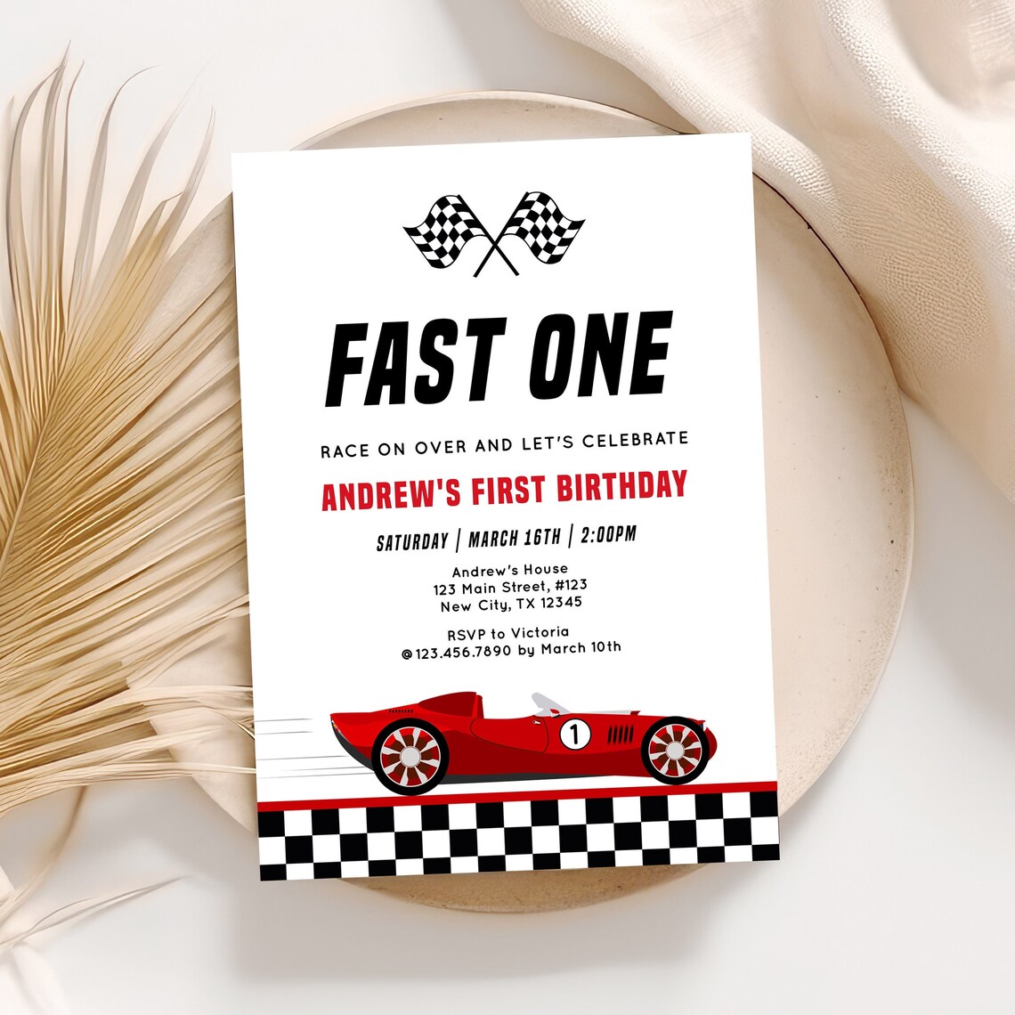 Race Car 1st Birthday Invitation: Retro Fast One Design (digital ...