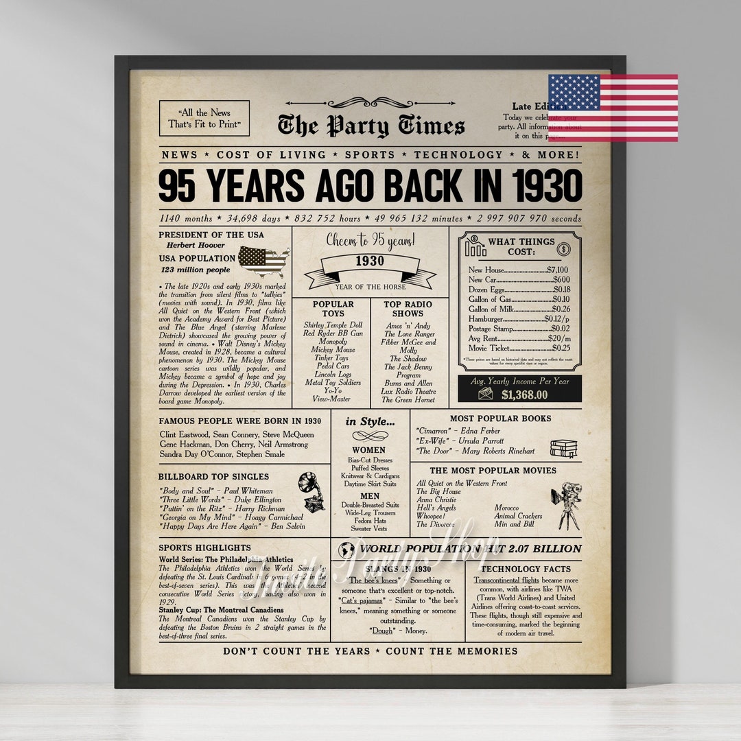 95th Birthday, 95th Birthday Decor, 95th Birthday Newspaper, Back in 1930, 95th Birthday ...