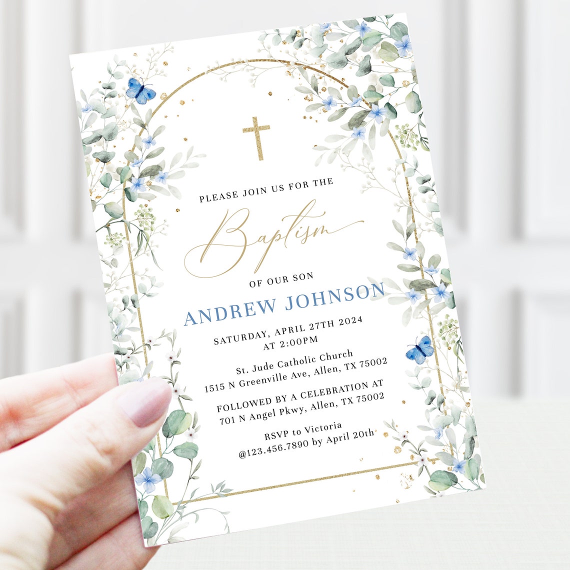 Baptism Invitation Boy, Christening Invitation, Greenery Baptism ...