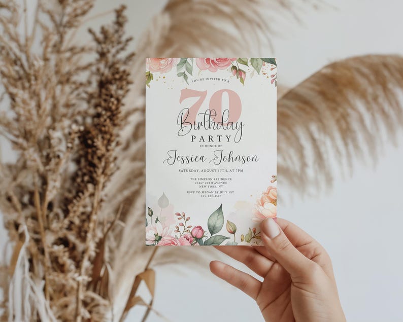 Blush Floral 70th Birthday Invitation: Elegant Printable Card (canva ...
