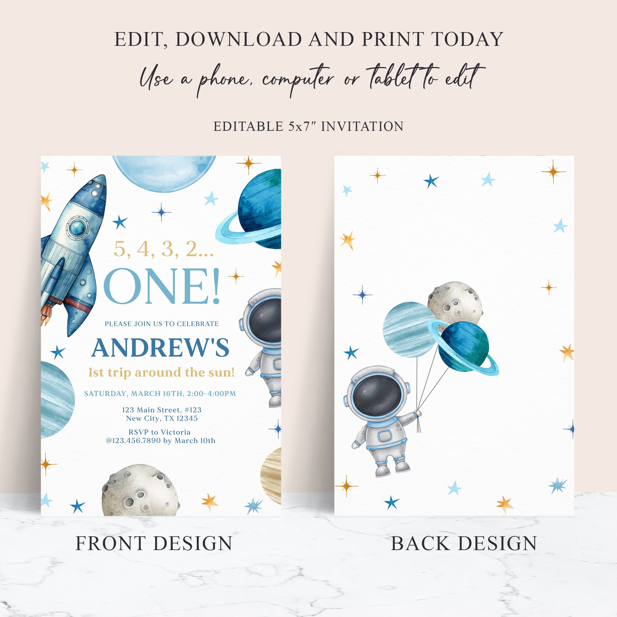 First Trip Around the Sun Birthday Invitation, 1st Birthday Boy Invitation, Space Invitation ...