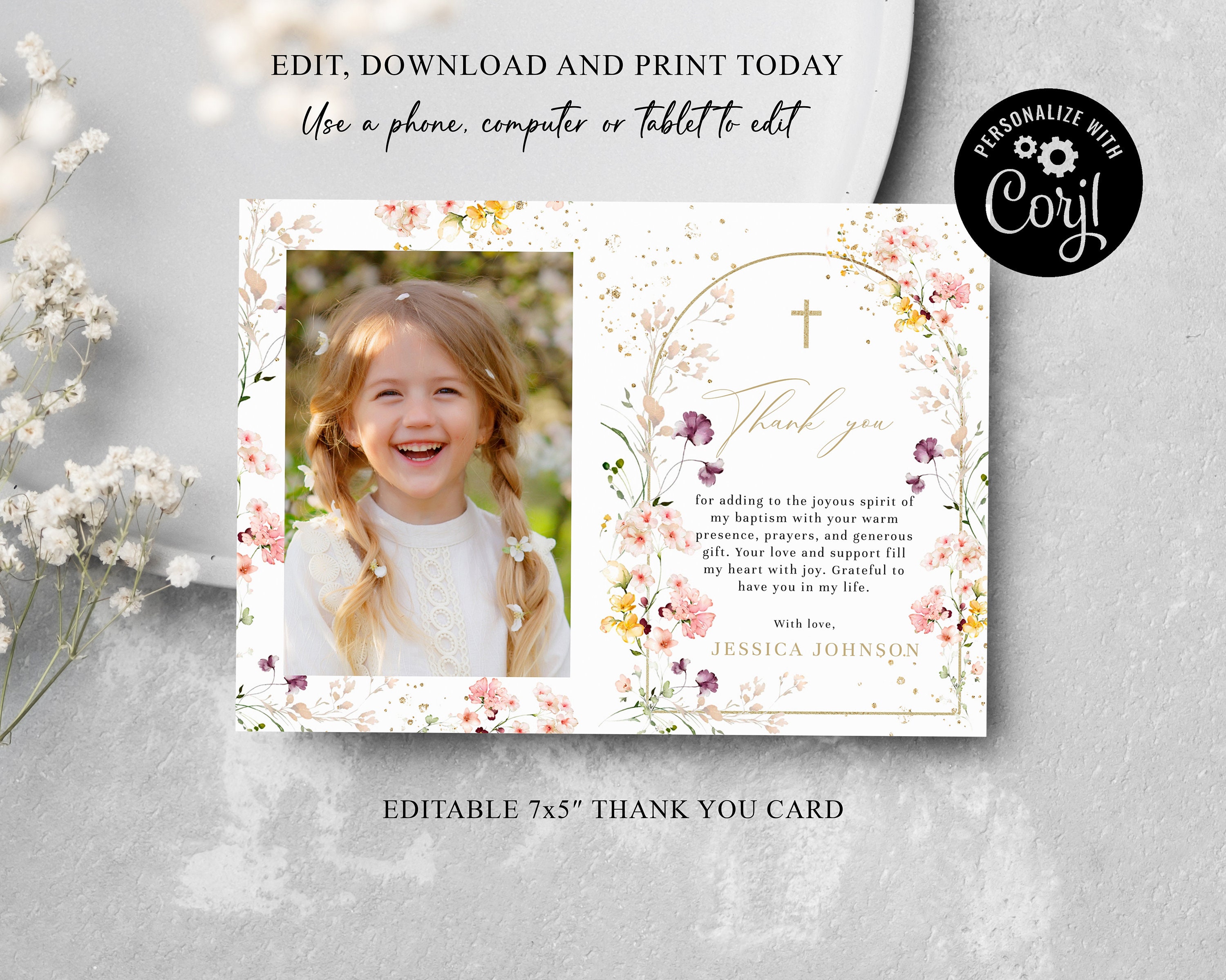 Baptism Thank You Card Template, Wildflower Thank You Card With Photo ...