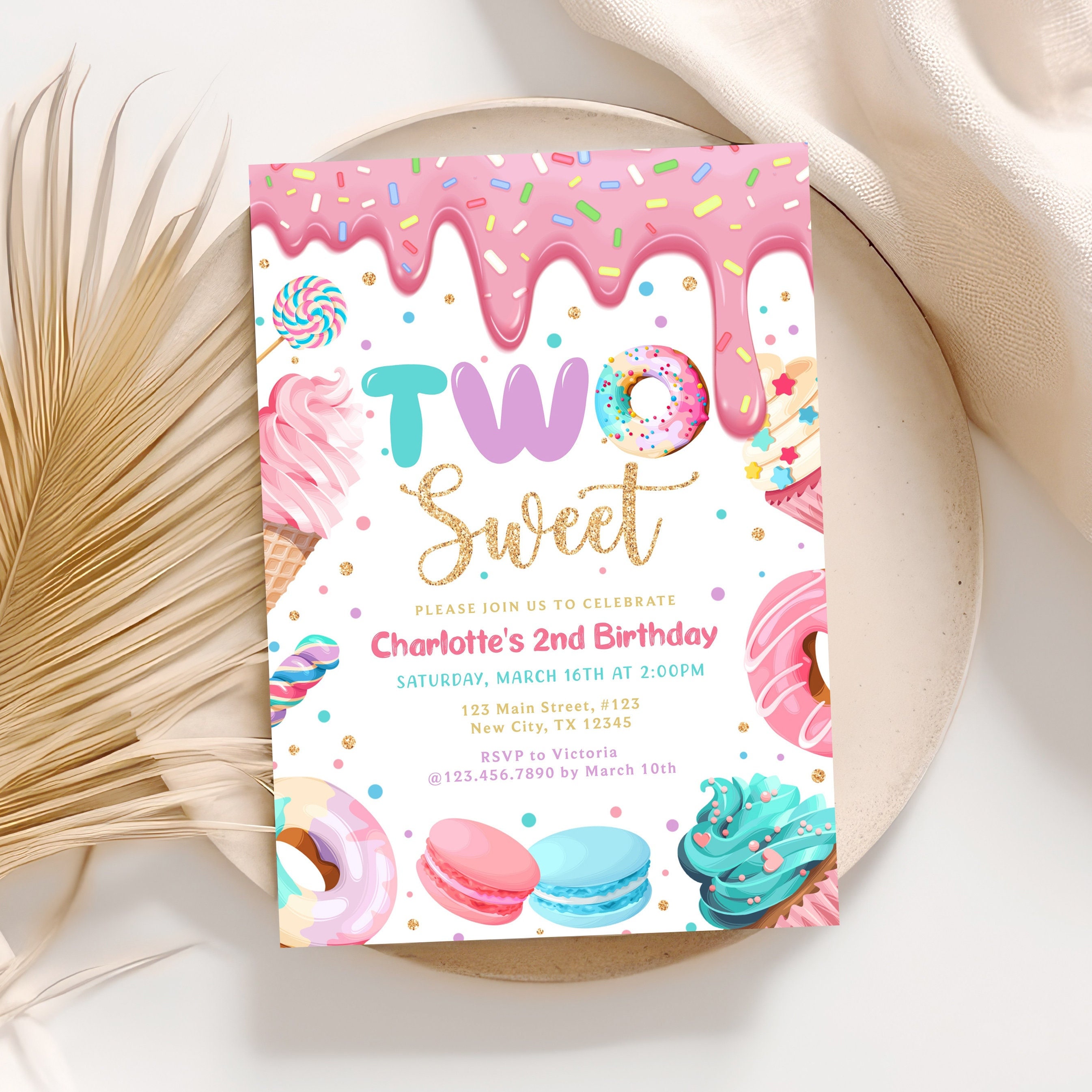 Two Sweet Birthday Invitation, 2nd Birthday Girl Donut Invitation, Two ...