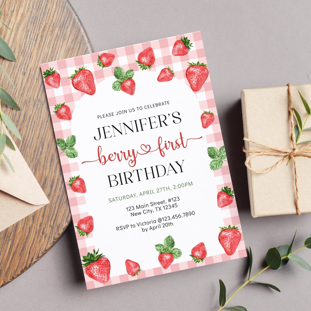 Strawberry Birthday Invitation, Berry First Birthday Invitation, 1st ...