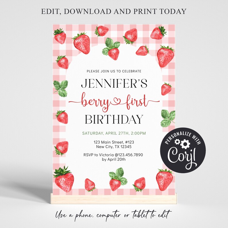 Strawberry Birthday Invitation, Berry First Birthday Invitation, 1st ...