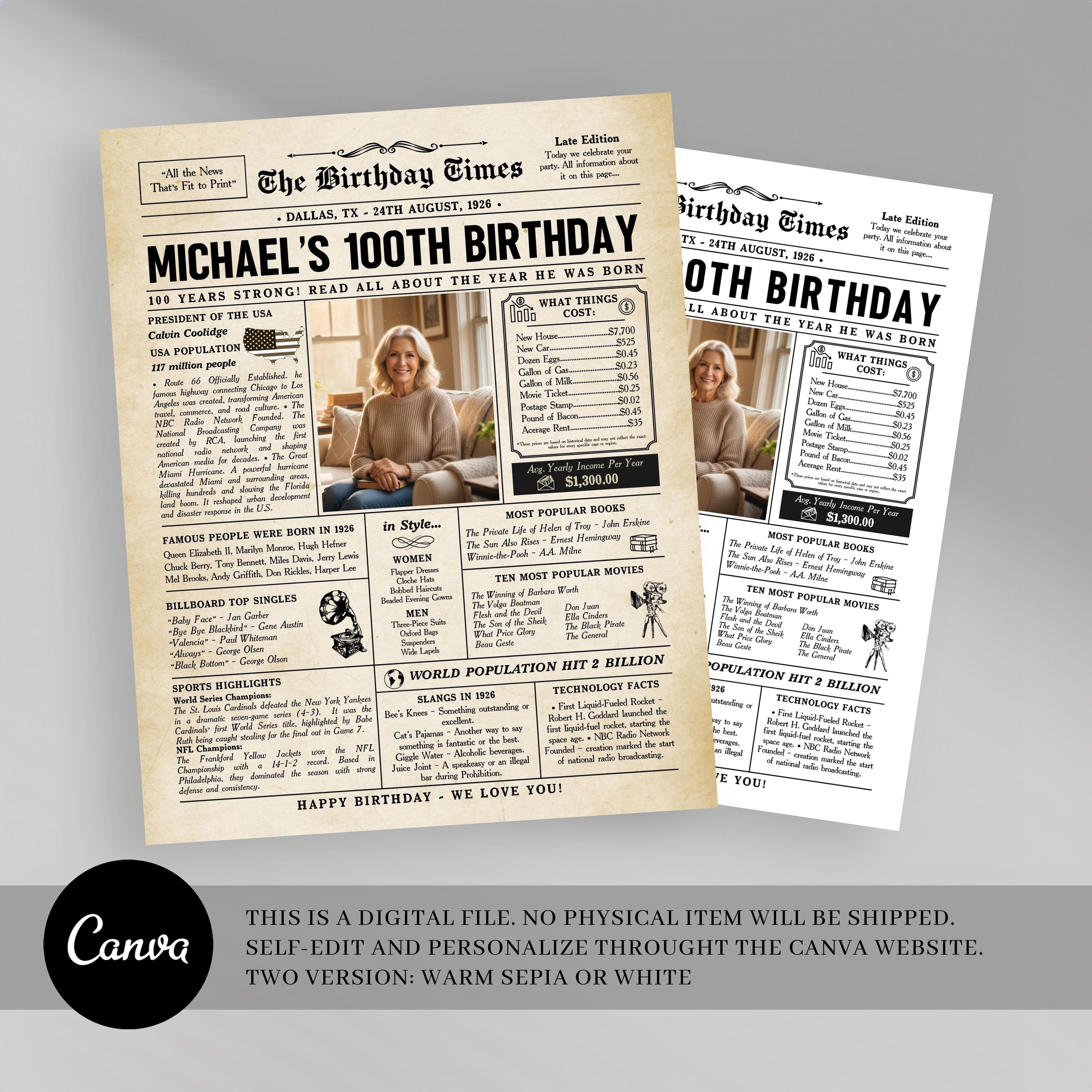 100th Birthday Newspaper Poster, 1926 Printable Gift (canva Template ...