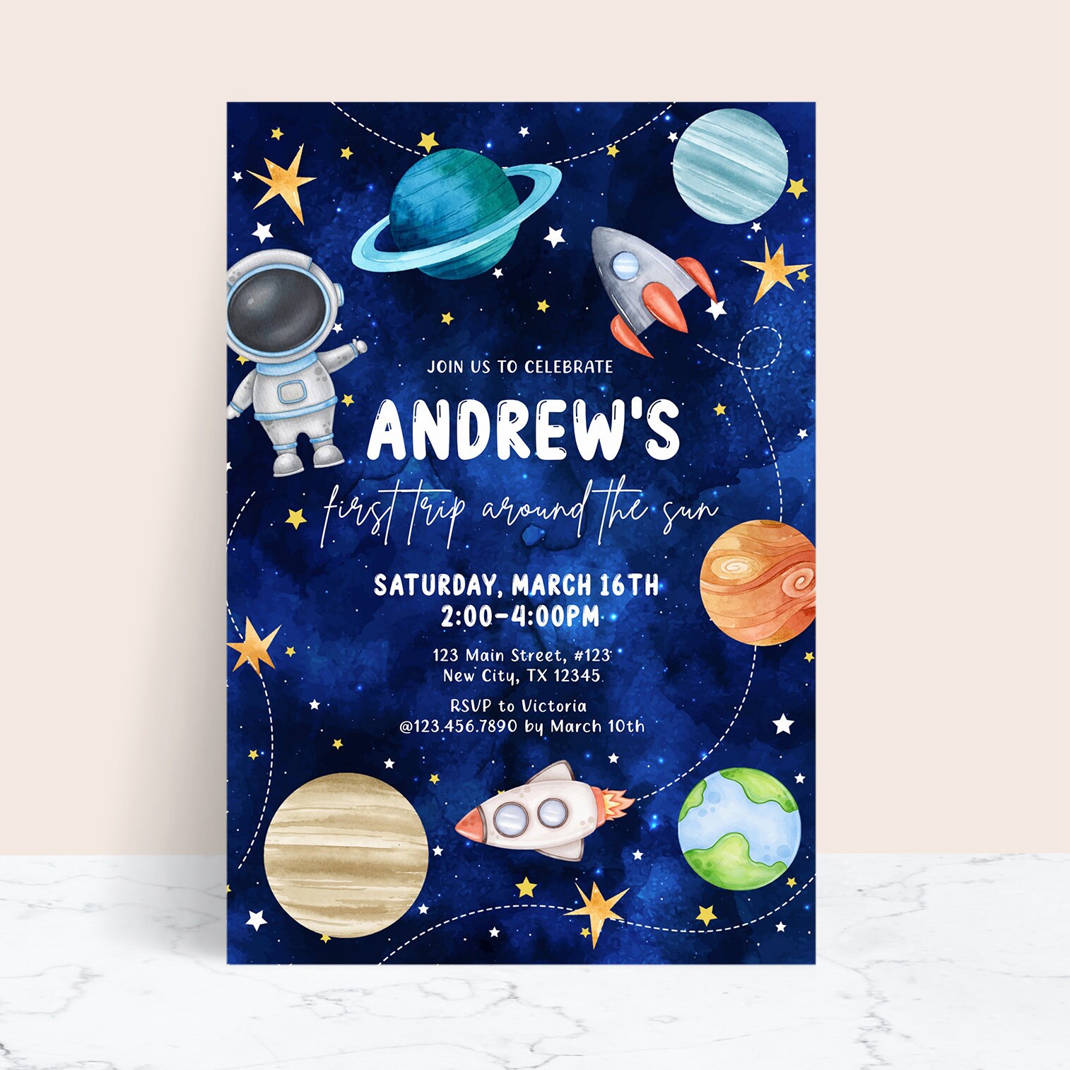 First Trip Around the Sun Birthday Invitation, Space Invitation, 1st Birthday Boy Invitation ...
