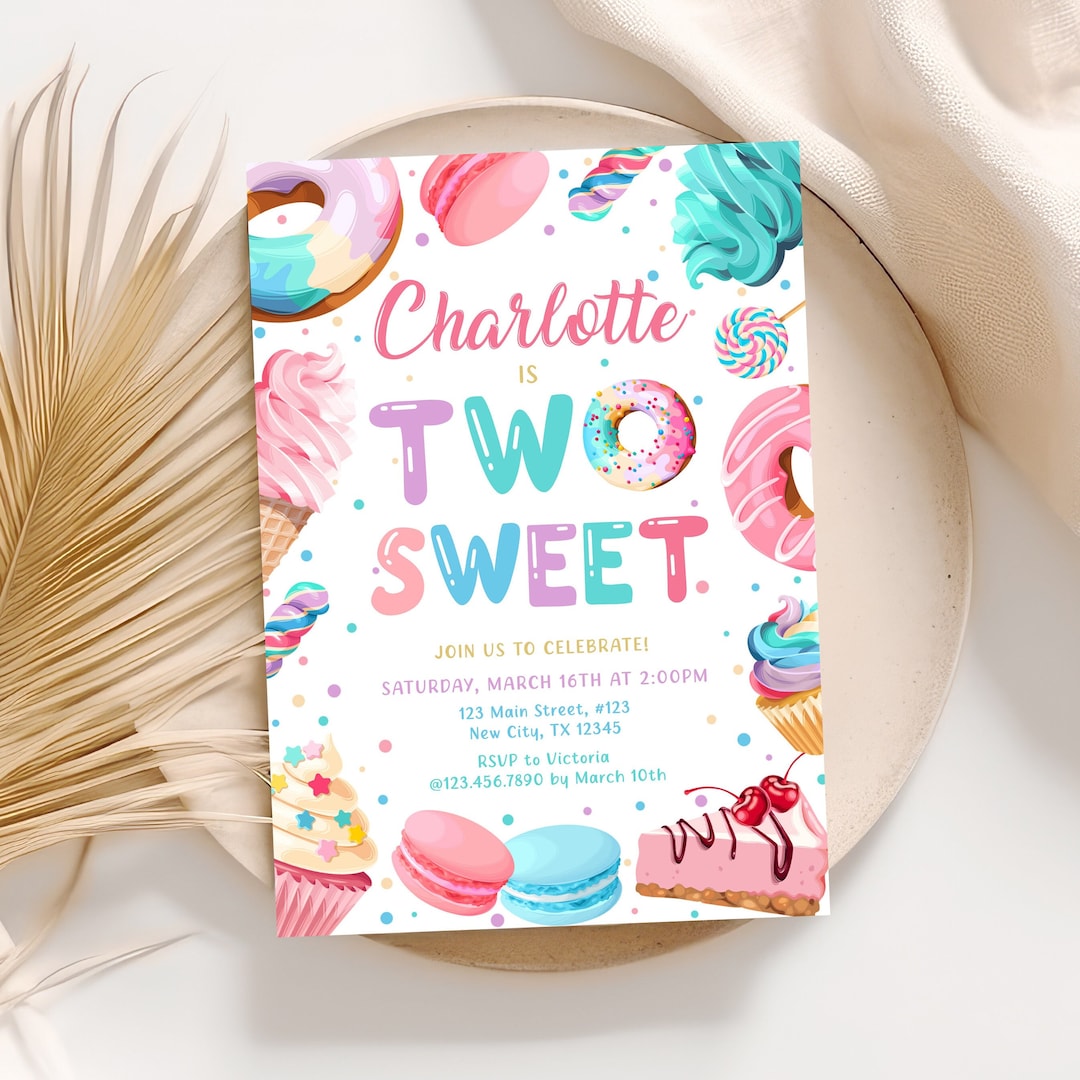 Two Sweet Birthday Invitation: Candy Theme, 2nd Birthday (digital ...