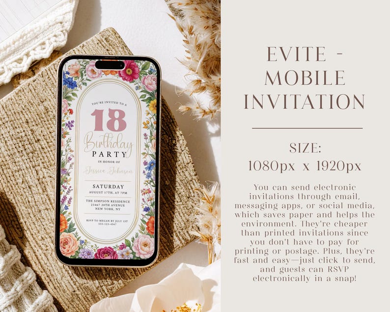 Floral 18th Birthday Invitation, Wildflower Template (digital) - Etsy