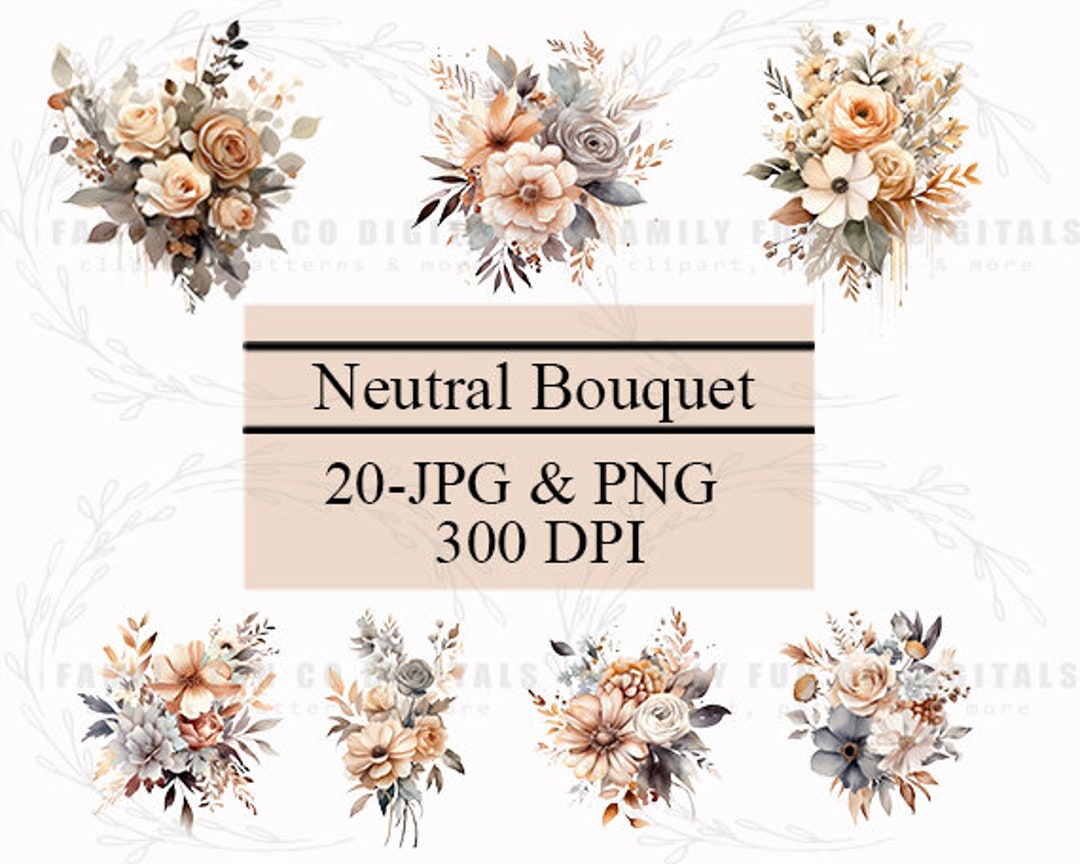 Watercolor Floral Clip Art, Neutral Flower Bouquet, 300 DPI, JPG and ...