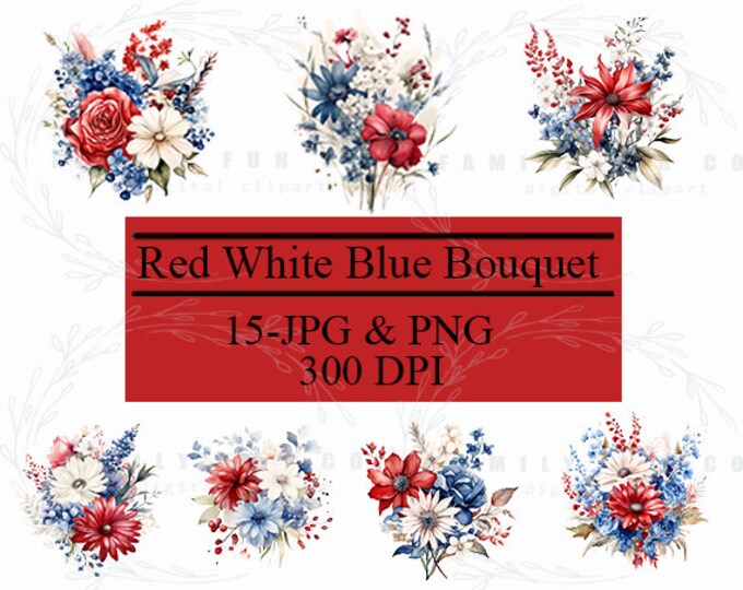 Red White Blue Bouquet, Watercolor Clipart, JPG PNG, Transparent ...
