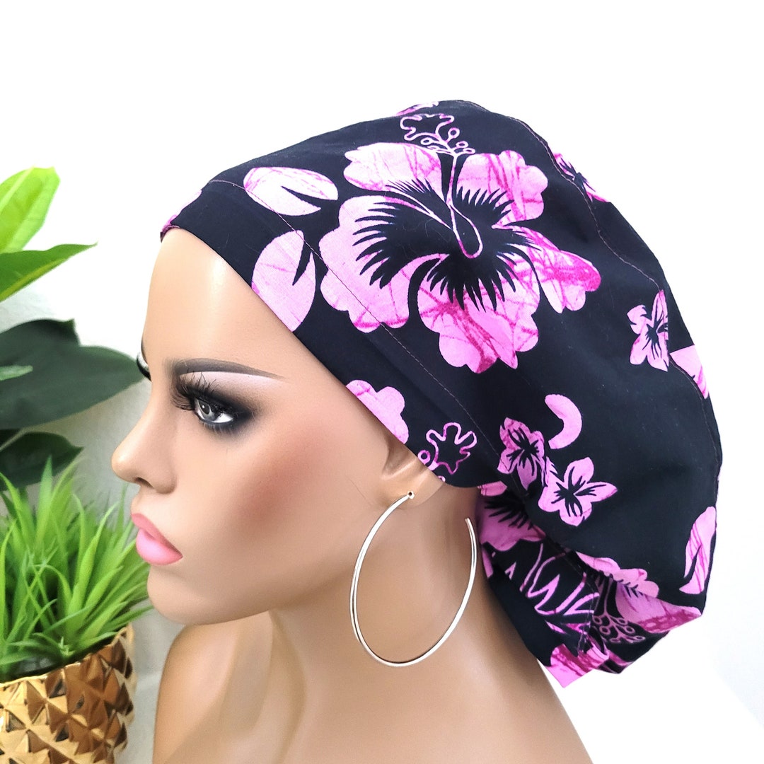 Small, Hawaiian Satin Lined Ponytail Scrub Hat, Protect Hair W/satin ...