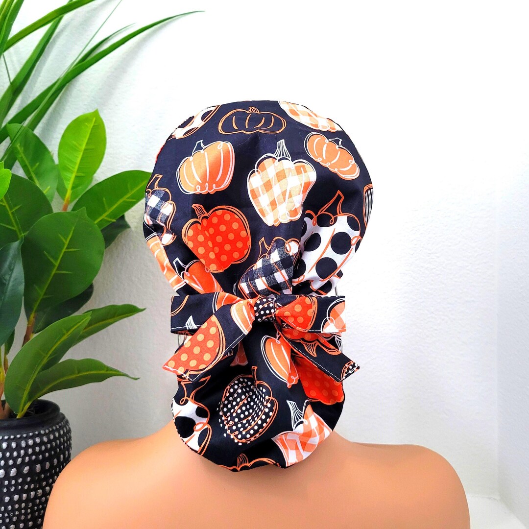 Pumpkin Patch Satin Lined Scrub Cap: Ponytail Style, Nurse Doctor Hat ...