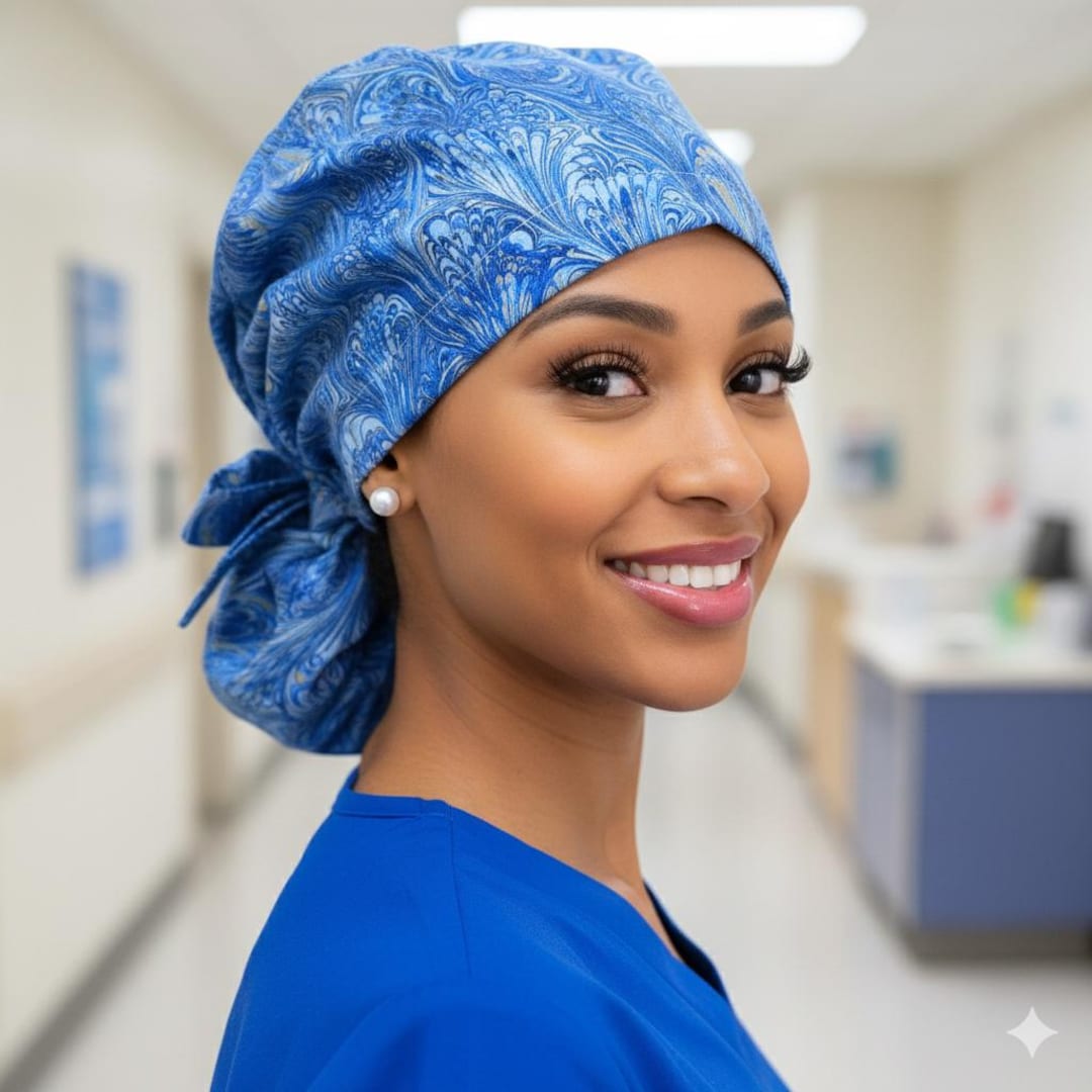 Blue/gold Swirls Satin Lined Ponytail Scrub Hat: Nurse/surgical/doctor ...