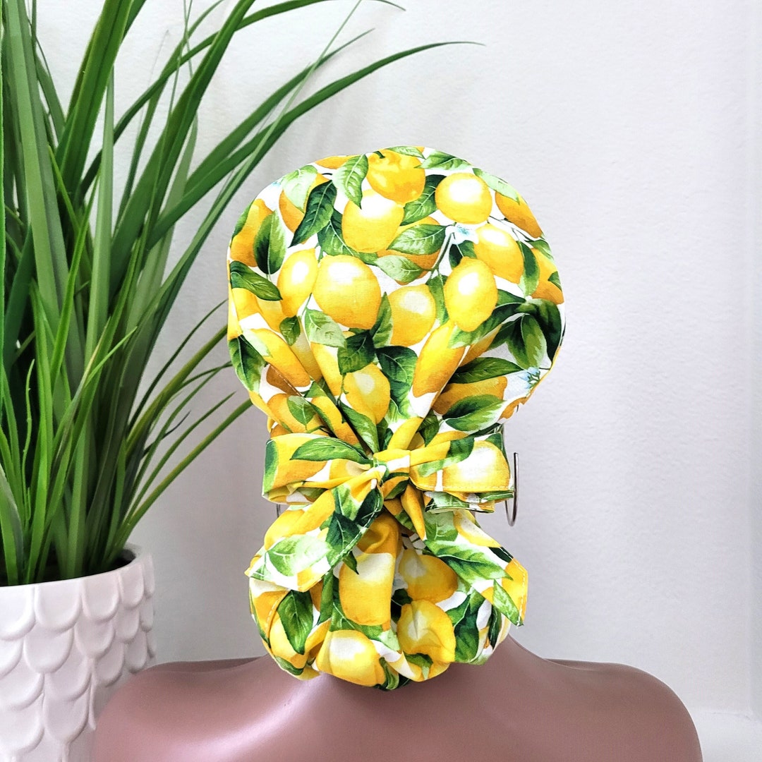 Lemons Satin Lined Scrub Hat, Protect Hair W/satin Lined Ponytail Scrub ...