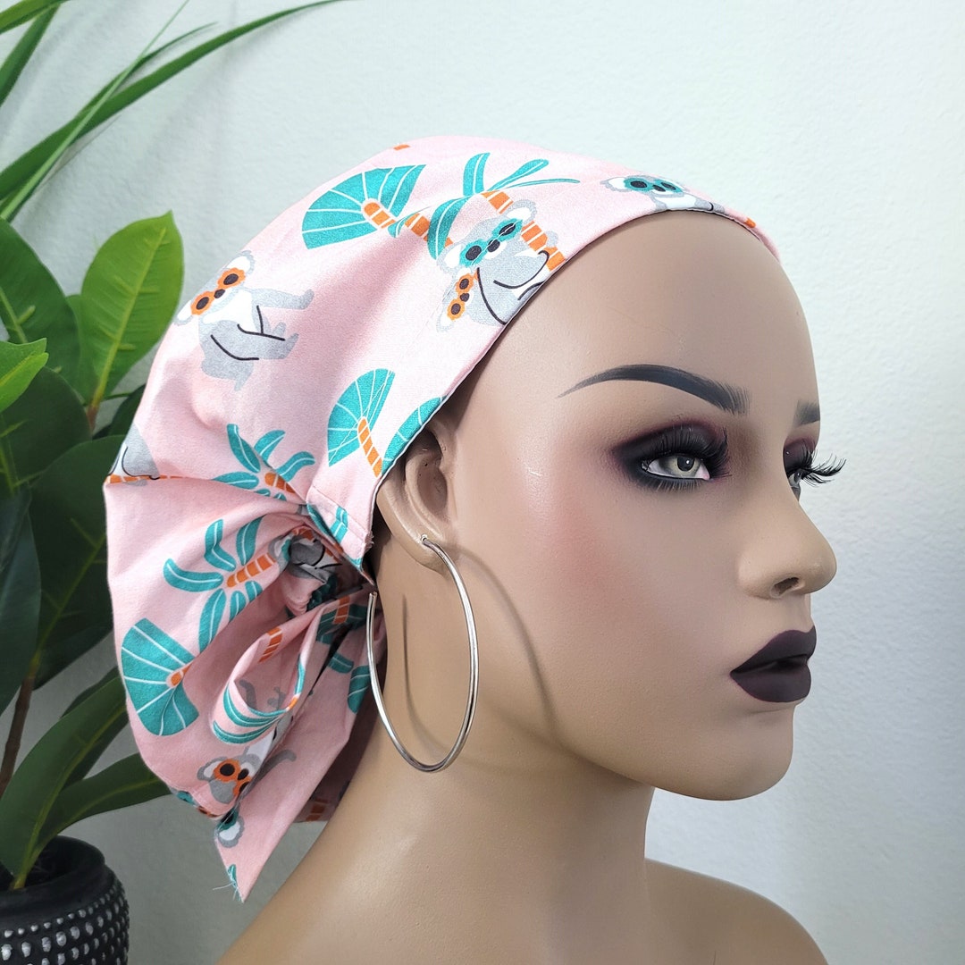 Small, Koala Palm Tree Satin Lined Scrub Hat: Ponytail Cap With Buttons ...