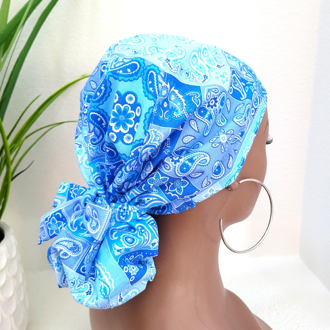 Blue Paisley Print Satin Lined Ponytail Scrub Hat, Protect Hair W/satin ...
