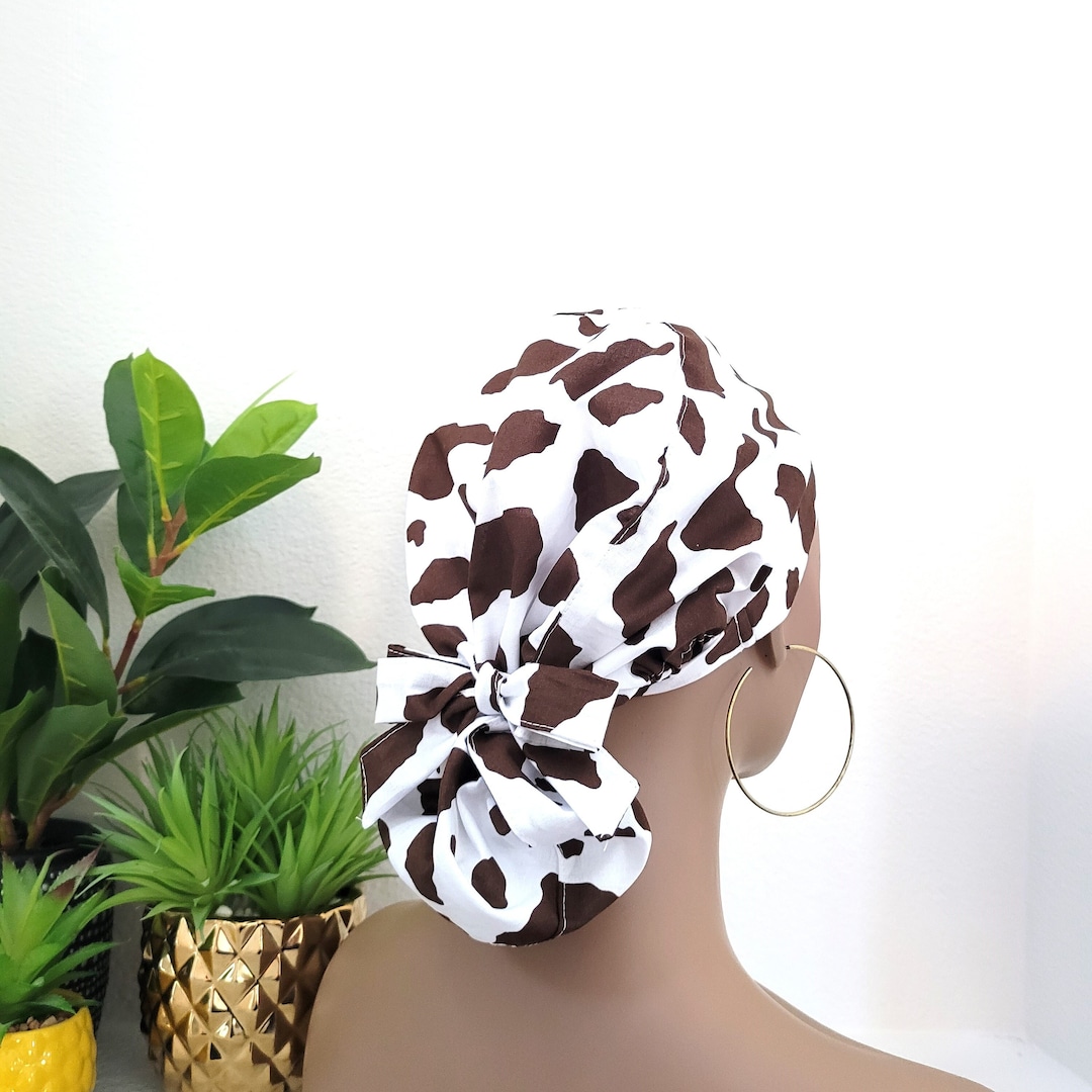 Brown Cow Print Ponytail Scrub Hat: Satin Lined Nurse Cap Protect Hair ...
