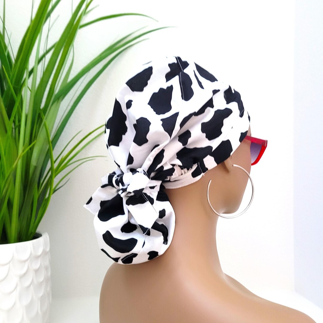Pretty Cow Print, Satin Lined Ponytail Scrub Hat, Protect Hair W/satin ...