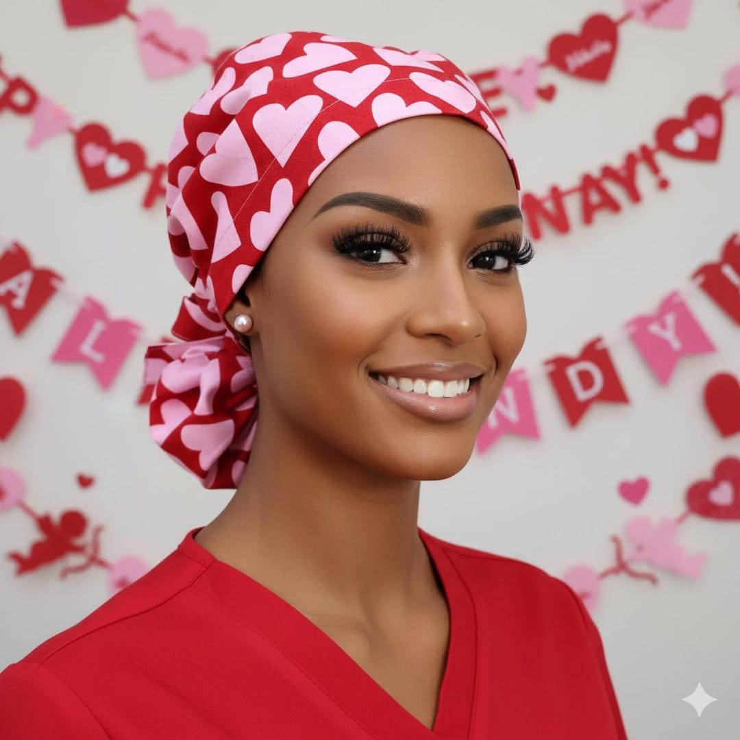 Valentine's Day Hearts Satin Lined Scrub Cap: Ponytail Style, Nurse ...