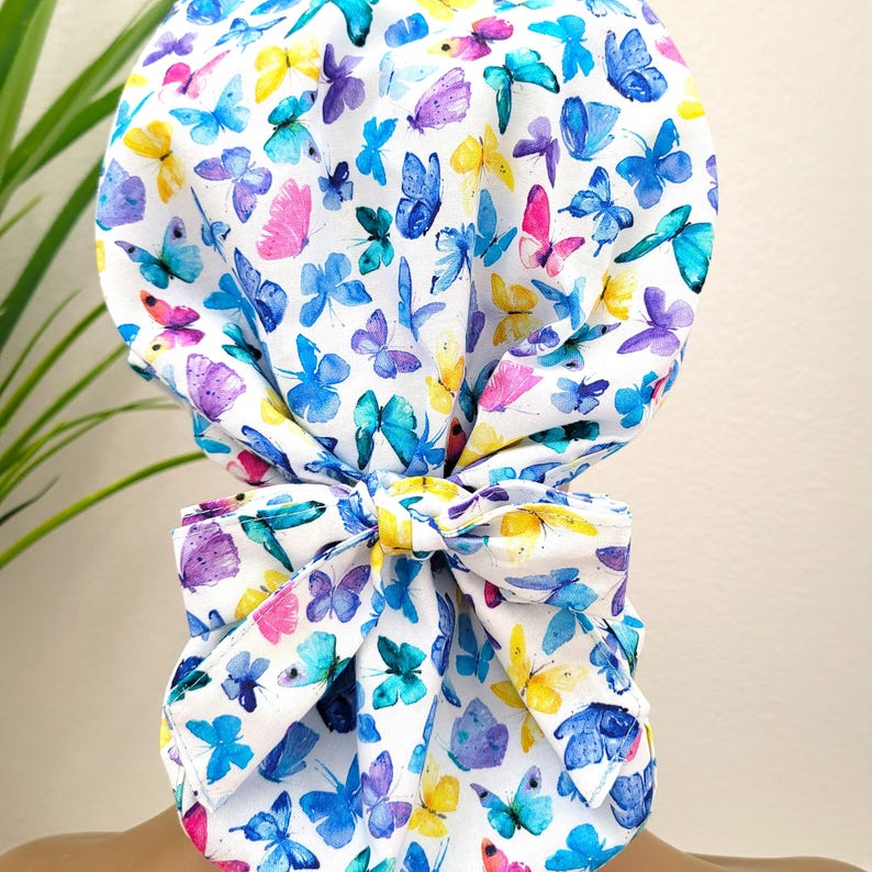 Cute Butterflies Satin Lined Ponytail Scrub Cap Nurse/doctor/surgical ...