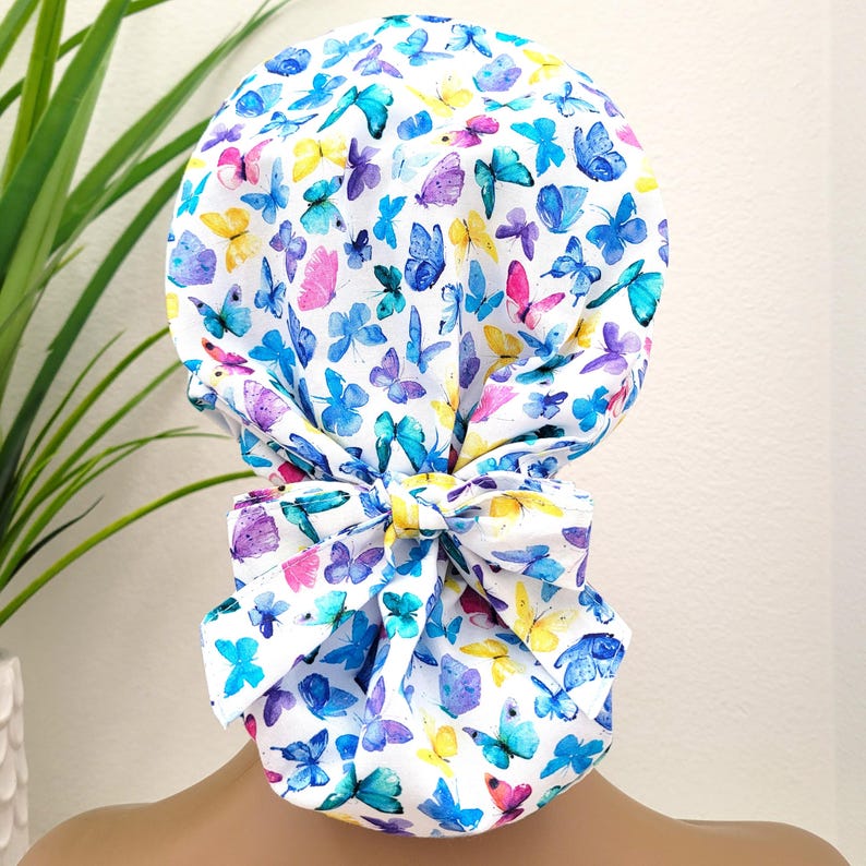 Cute Butterflies Satin Lined Ponytail Scrub Cap Nurse/doctor/surgical ...