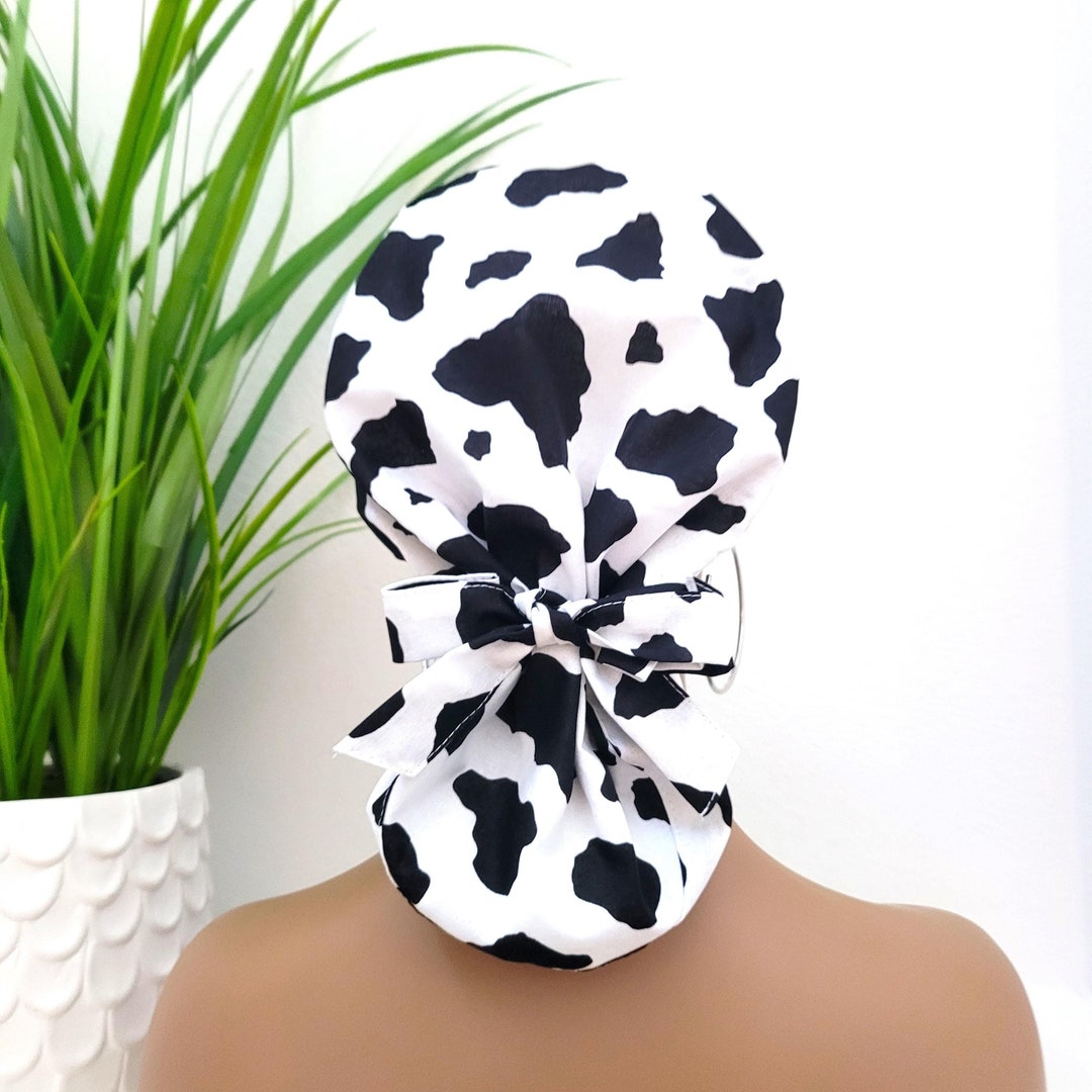 Small, Pretty Cow Print, Satin Lined Ponytail Scrub Hat, Protect Hair W ...