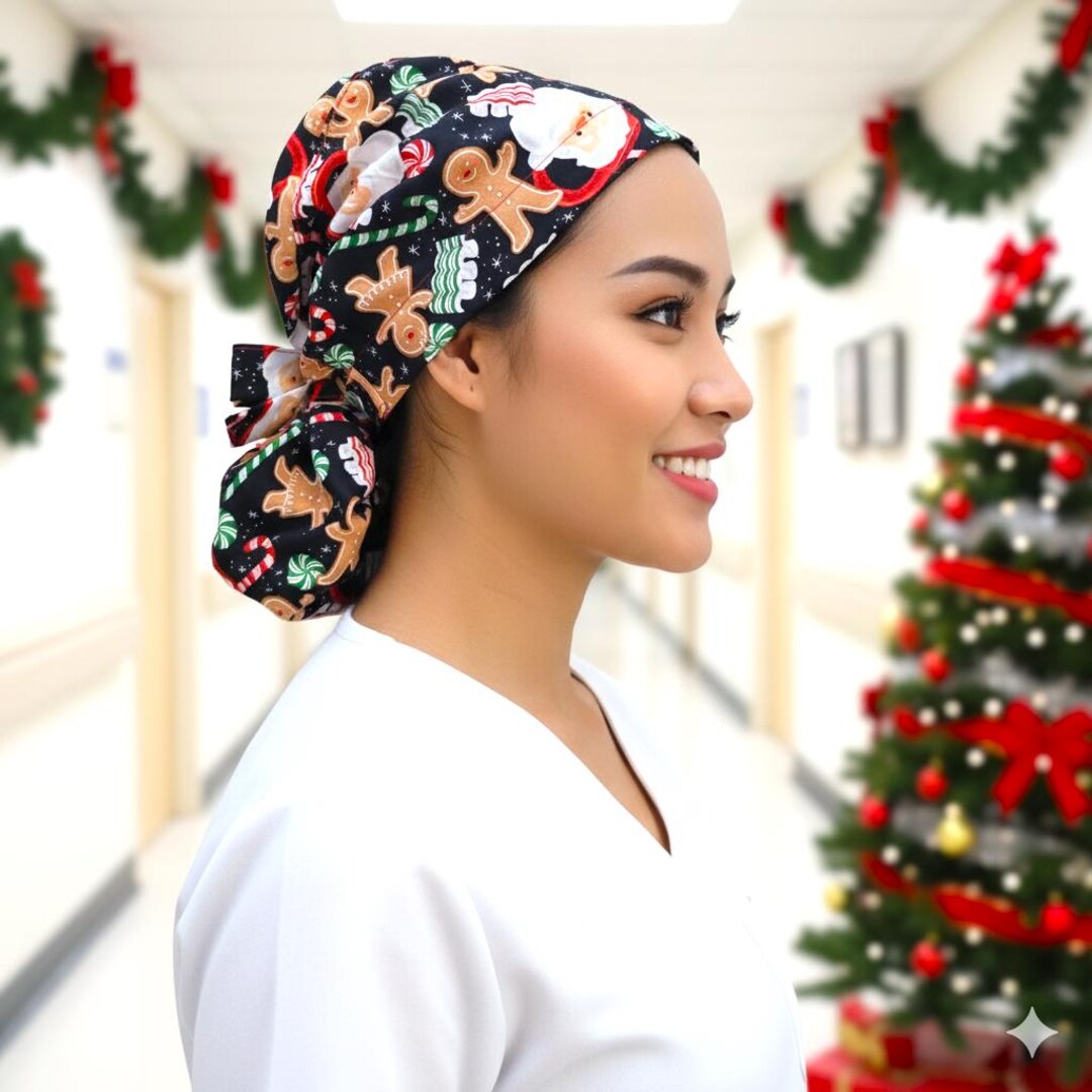 Christmas Gingerbread Man Satin Lined Scrub Hat: Ponytail Nurse/doctor ...