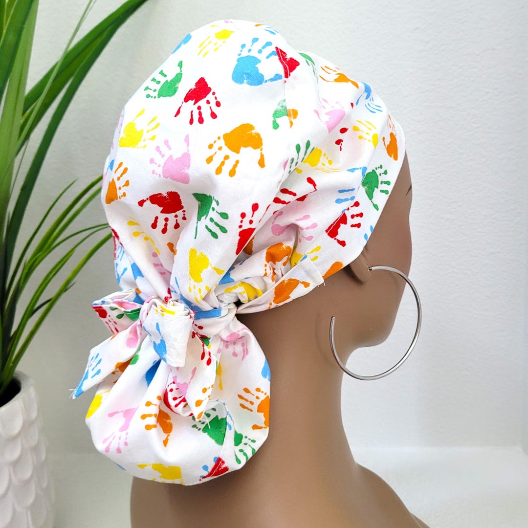Small, Cute Colorful Handprints Satin Lined Scrub Hat, Protect Hair W ...