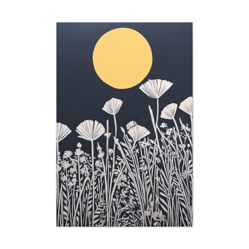 Moonlit Serenity: Yellow Moon & White Floral Art | Persian Blue ...