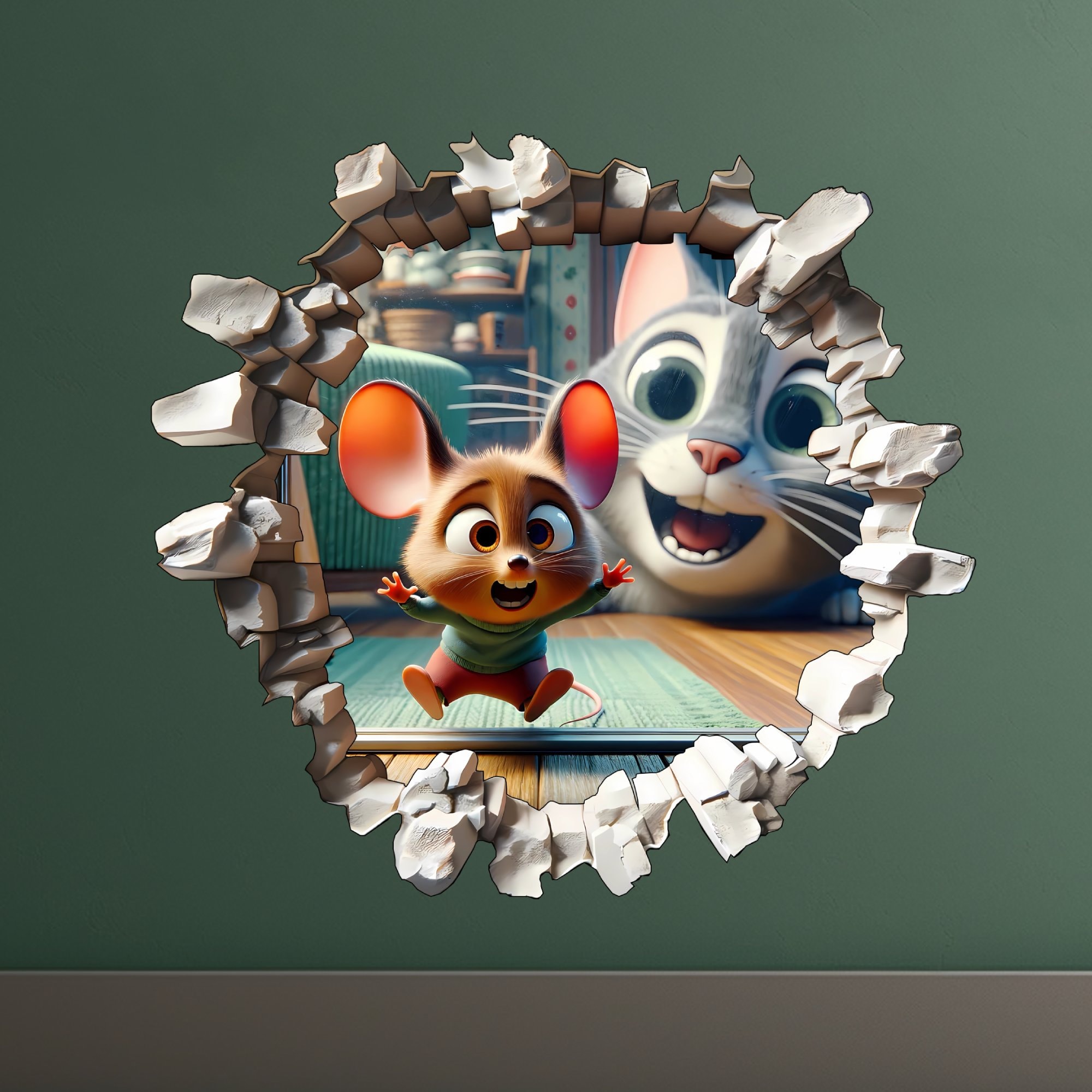 Scared Cute Mouse Mouse Hole Decal Running Away From Cat Whimsical Wall ...