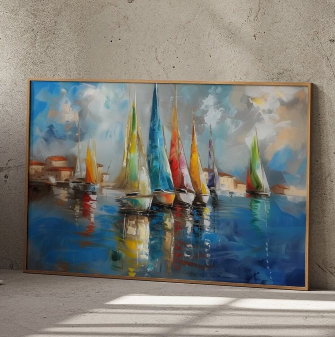 Colorful Sailboats in the Harbor, Large Canvas Print With Gold Texture ...