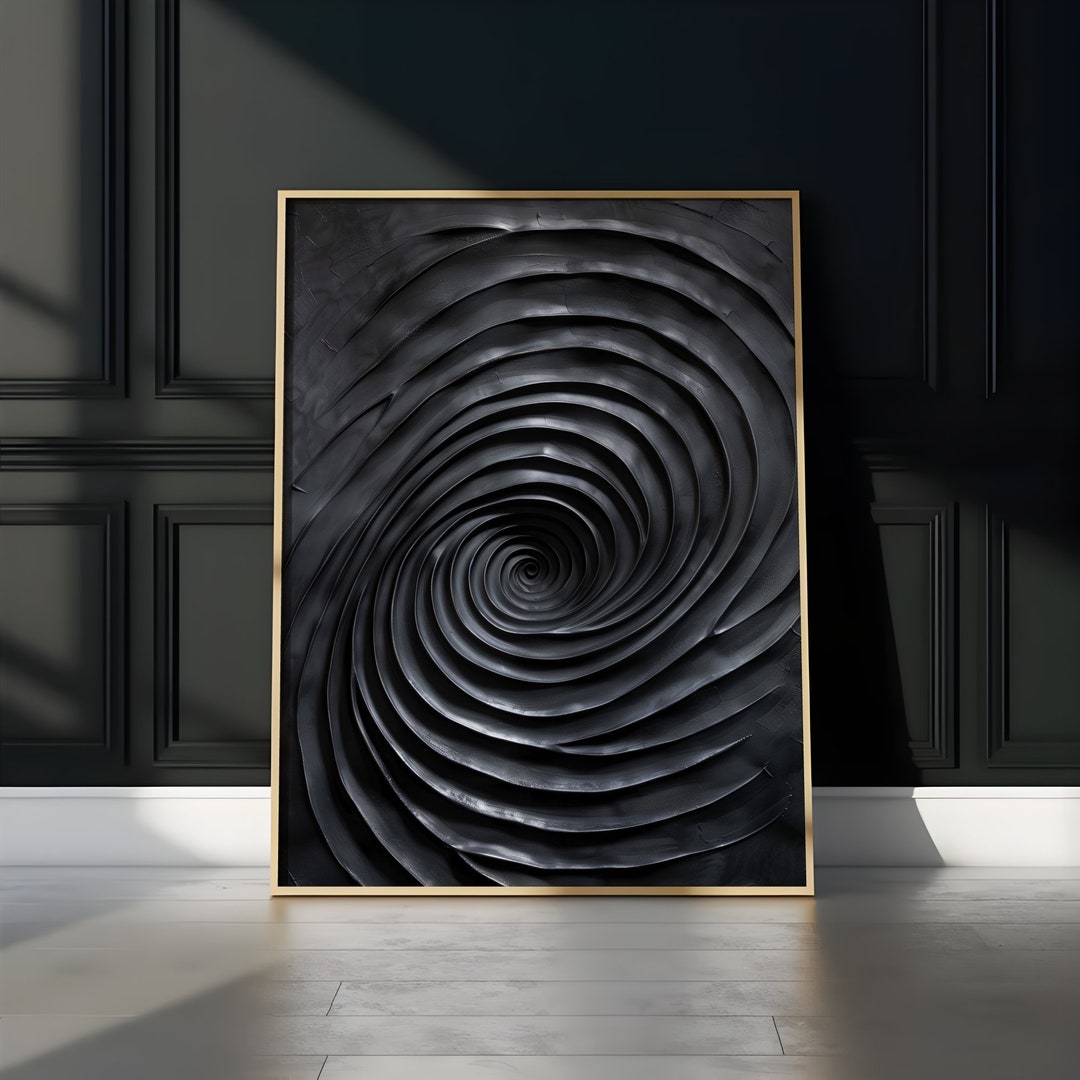 Black Spiral 3D Style on Flat Canvas Print, Plaster Wabi Sabi Abstract ...