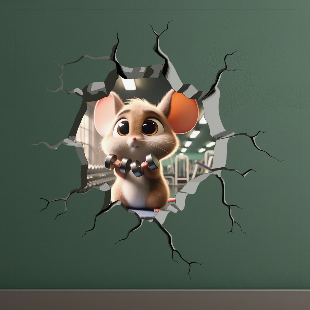 Mouse Hole Decal, Mighty Mouse Cute Mouse Lifting Weights, Kids' Room ...
