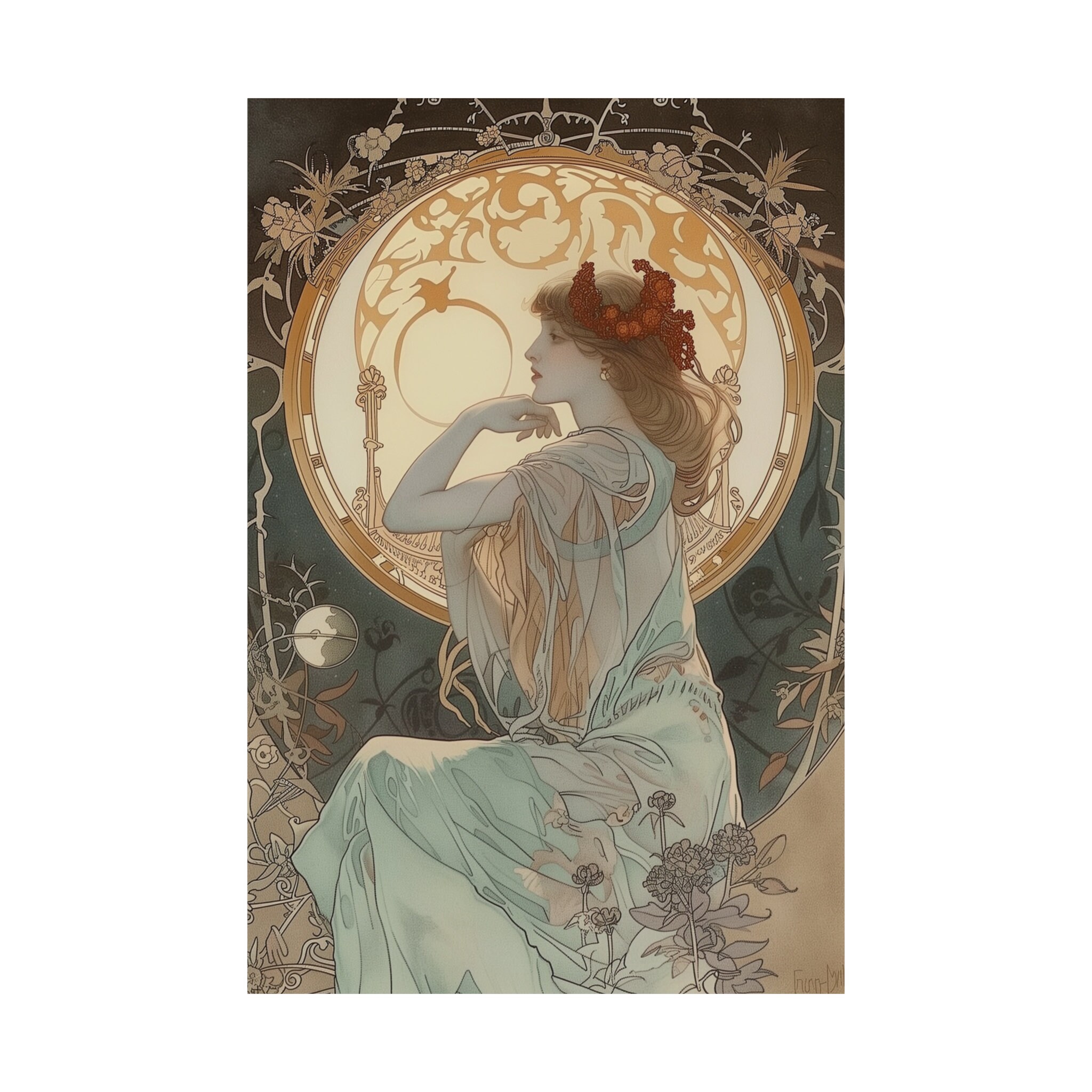 Moon Goddess Reverie: Alphonse Mucha Inspired Woman Portrait, Vintage ...