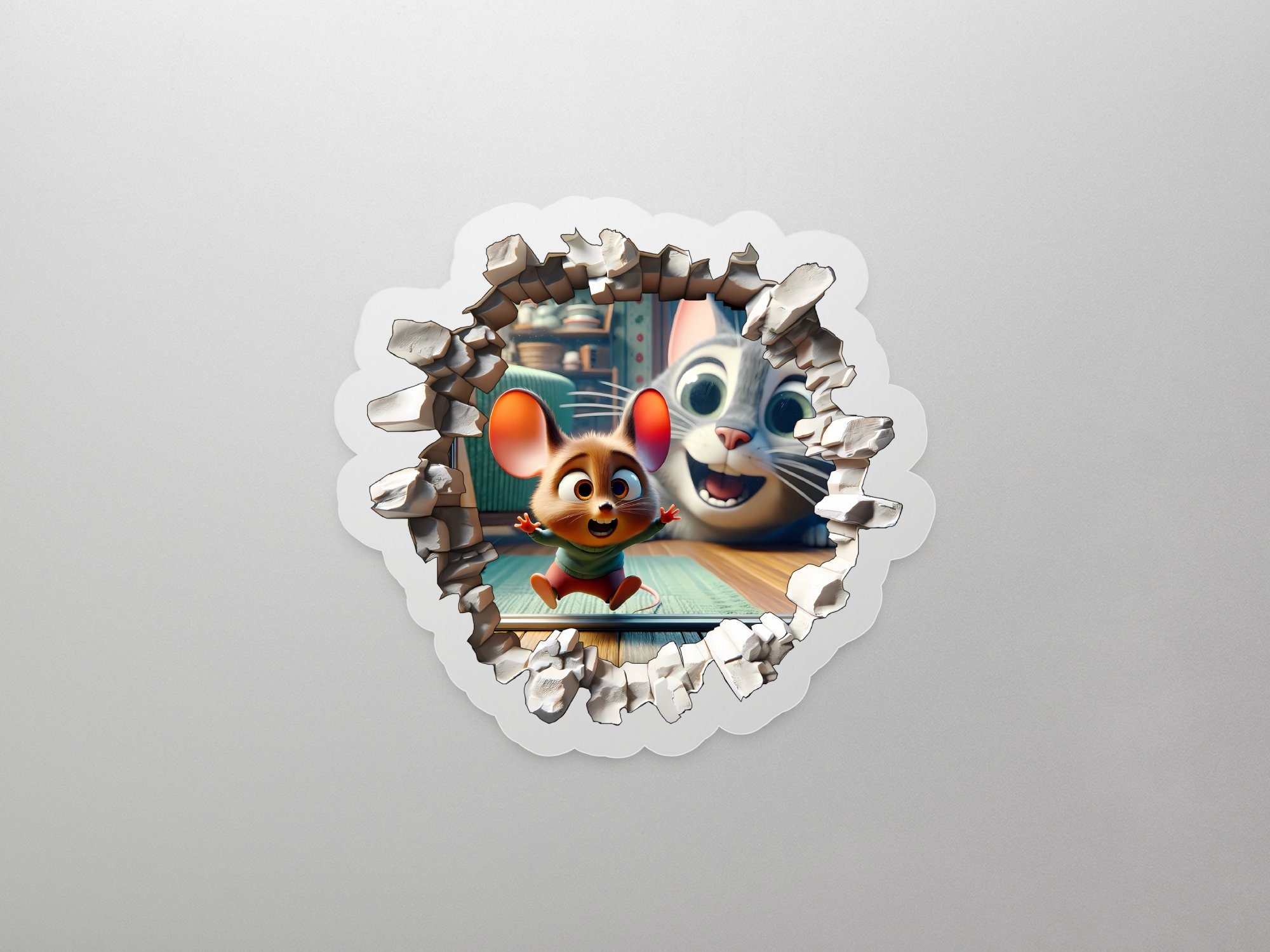 Scared Cute Mouse Mouse Hole Decal Running Away From Cat Whimsical Wall ...