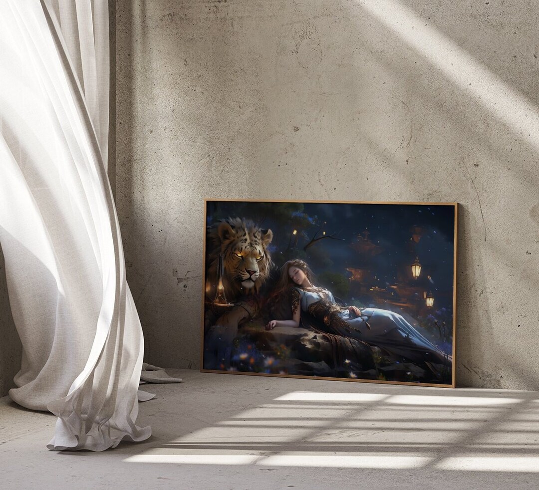 Dream Guardian Surrealism Art of Woman Sleeping With Lion, Nighttime ...