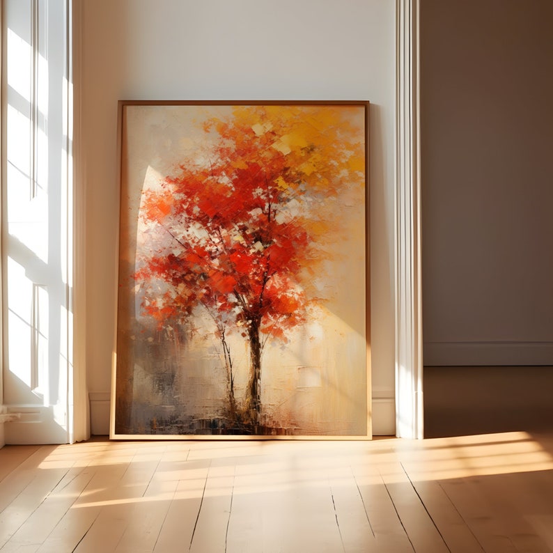 Impressionist Reverie: Timeless Trees Painting, Red & Yellow Canvas, 22x28 Modern Nature Art ...