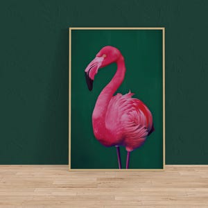 Arte mural de flamenco rosa brillante: colores neón con fondo verde ...