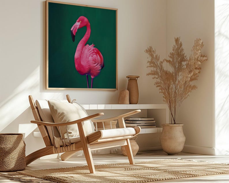 Arte mural de flamenco rosa brillante: colores neón con fondo verde ...